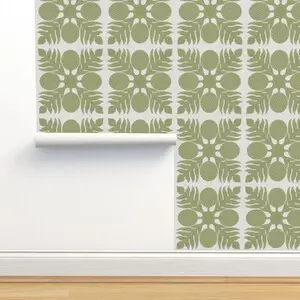 Spoonflower Large Ulu Sage On White 100% Natural Sisal Grasscloth Wallcovering