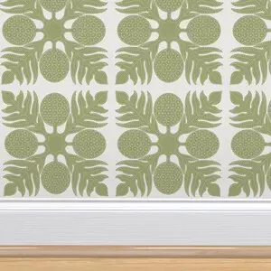 Spoonflower Large Ulu Sage On White 100% Natural Sisal Grasscloth Wallcovering
