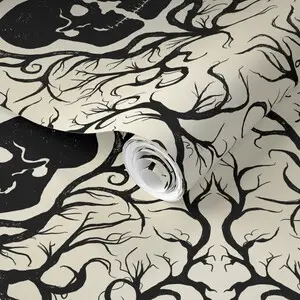 Spoonflower Black Branches Forest Tree Dark Branch Love Custom Pre-pasted Wallpaper - Gray,beige