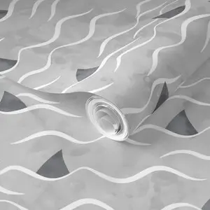 Spoonflower Shark Fins In Ocean Custom Pre-pasted Wallpaper - Gray
