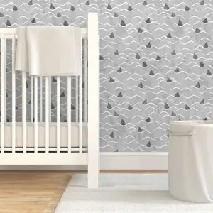 Spoonflower Shark Fins In Ocean Custom Pre-pasted Wallpaper - Gray