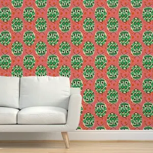 Spoonflower Colorful Insect Pink Background Large 100% Natural Sisal Grasscloth Wallcovering - Pink,red