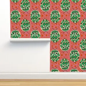Spoonflower Colorful Insect Pink Background Large 100% Natural Sisal Grasscloth Wallcovering - Pink,red