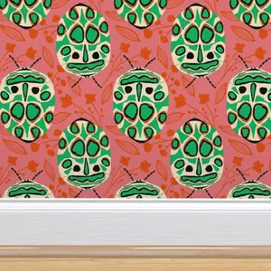 Spoonflower Colorful Insect Pink Background Large 100% Natural Sisal Grasscloth Wallcovering - Pink,red