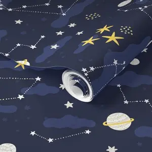 Spoonflower Cartoon Cosmos Moon Blue Planets Space Stars Sky Custom Pre-pasted Wallpaper - Blue,gray