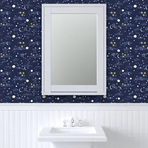 Spoonflower Cartoon Cosmos Moon Blue Planets Space Stars Sky Custom Pre-pasted Wallpaper - Blue,gray