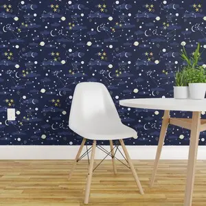 Spoonflower Cartoon Cosmos Moon Blue Planets Space Stars Sky Custom Pre-pasted Wallpaper - Blue,gray