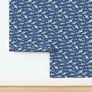 Spoonflower Sharks Shark Gray Navy Blue Nautical Ocean Sea Traditional Wallpaper