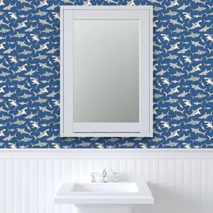 Spoonflower Sharks Shark Gray Navy Blue Nautical Ocean Sea Traditional Wallpaper