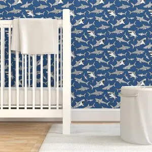 Spoonflower Sharks Shark Gray Navy Blue Nautical Ocean Sea Traditional Wallpaper