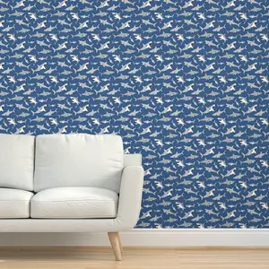 Spoonflower Sharks Shark Gray Navy Blue Nautical Ocean Sea Traditional Wallpaper