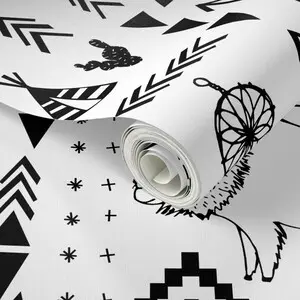 Spoonflower Southwestern Boho Black White Buffalo Arrow Teepee Custom Pre-pasted Wallpaper - White,black,gray