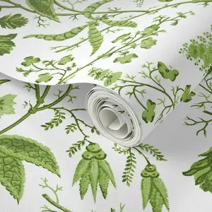 Spoonflower Chinese Garden Lawn Chinoiserie Green White Custom Pre-pasted Wallpaper - Green,white
