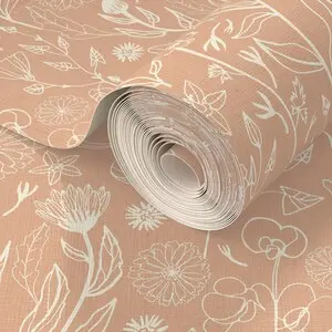 Spoonflower Romantic Hand Drawn White Flowers Pastel Brown 100% Natural Sisal Grasscloth Wallcovering - White,brown