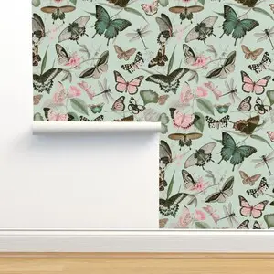 Spoonflower Romantic Butterfly Pattern 100% Natural Sisal Grasscloth Wallcovering - Pink,green