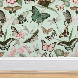 Spoonflower Romantic Butterfly Pattern 100% Natural Sisal Grasscloth Wallcovering - Pink,green