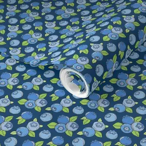 Spoonflower Blueberries Fruit On Dark Blue Navy Custom Pre-pasted Wallpaper - Blue,green
