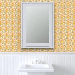 Spoonflower Retro Sunflower Hippie 70s 60s Gypsy Flower Custom Pre-pasted Wallpaper - Beige,brown