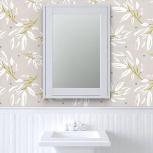 Spoonflower Leaves Nature Gold Spring Summer Neutral Custom Pre-pasted Wallpaper - Gray,yellow