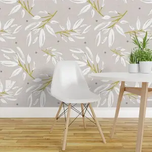 Spoonflower Leaves Nature Gold Spring Summer Neutral Custom Pre-pasted Wallpaper - Gray,yellow