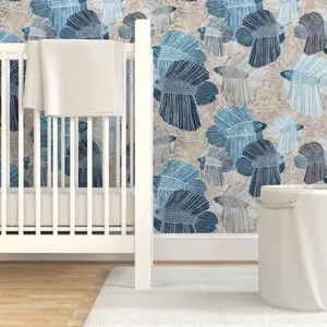 Spoonflower Tropical Fish Blue Siamese Ocean Aquatic Animals Custom Pre-pasted Wallpaper