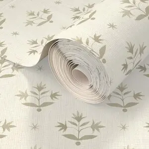 Spoonflower Thistle Stars Khaki And Cream 100% Natural Sisal Grasscloth Wallcovering - White,gray