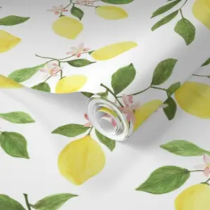 Spoonflower Yellow Leaves Blossoms Fruit Spring Summer Traditional Wallpaper - Yellow,green