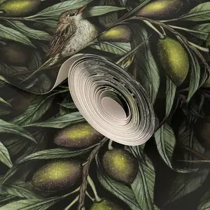 Spoonflower Olive Branches Warblers Leaves Fruit Birds Tree 100% Natural Sisal Grasscloth Wallcovering - Green,gray