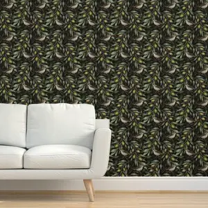 Spoonflower Olive Branches Warblers Leaves Fruit Birds Tree 100% Natural Sisal Grasscloth Wallcovering - Green,gray
