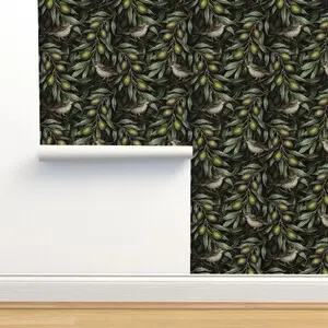 Spoonflower Olive Branches Warblers Leaves Fruit Birds Tree 100% Natural Sisal Grasscloth Wallcovering - Green,gray
