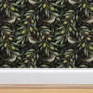Spoonflower Olive Branches Warblers Leaves Fruit Birds Tree 100% Natural Sisal Grasscloth Wallcovering - Green,gray