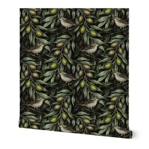 Spoonflower Olive Branches Warblers Leaves Fruit Birds Tree 100% Natural Sisal Grasscloth Wallcovering - Green,gray