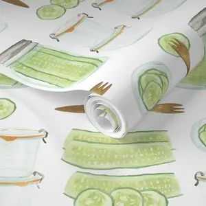 Spoonflower Pickles Cucumbers Jar Fork Pickled Jars Watercolor Custom Pre-pasted Wallpaper Green,white,brown