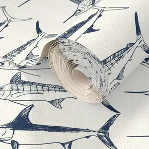 Spoonflower Royal Billfish Slam Simple Navy On White 100% Natural Sisal Grasscloth Wallcovering - Navy,blue