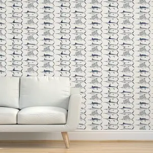 Spoonflower Royal Billfish Slam Simple Navy On White 100% Natural Sisal Grasscloth Wallcovering - Navy,blue