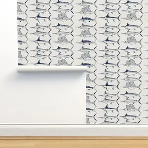 Spoonflower Royal Billfish Slam Simple Navy On White 100% Natural Sisal Grasscloth Wallcovering - Navy,blue