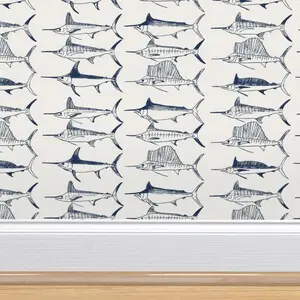 Spoonflower Royal Billfish Slam Simple Navy On White 100% Natural Sisal Grasscloth Wallcovering - Navy,blue