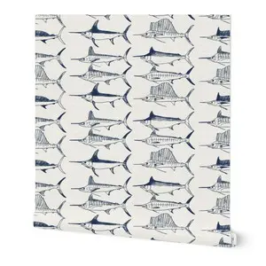 Spoonflower Royal Billfish Slam Simple Navy On White 100% Natural Sisal Grasscloth Wallcovering - Navy,blue