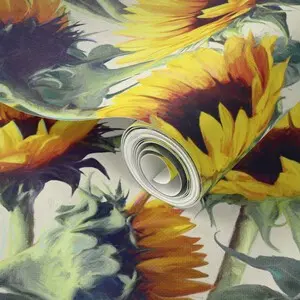 Spoonflower Sunflowers Forever Sunflower Floral Golden Yellow Custom Pre-pasted Wallpaper - Yellow,green,brown