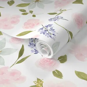 Spoonflower Lavender Roses Floral Pink Purple Spring Blossoms Traditional Wallpaper - Pink,purple,white
