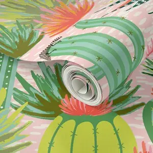 Spoonflower Green Modern Desert Colourful Lizard Cactus Cacti Custom Pre-pasted Wallpaper - Green,pink,beige