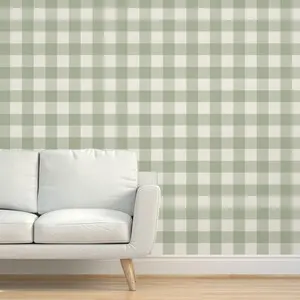 Spoonflower Sage Green Gingham: Light Gingham Check Buffalo 100% Natural Sisal Grasscloth Wallcovering