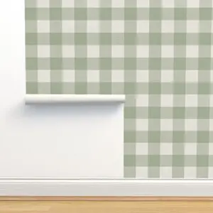 Spoonflower Sage Green Gingham: Light Gingham Check Buffalo 100% Natural Sisal Grasscloth Wallcovering