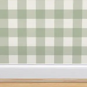 Spoonflower Sage Green Gingham: Light Gingham Check Buffalo 100% Natural Sisal Grasscloth Wallcovering