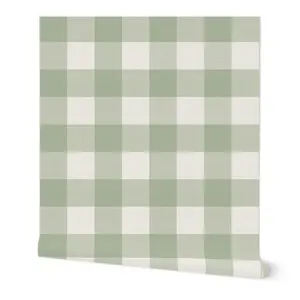 Spoonflower Sage Green Gingham: Light Gingham Check Buffalo 100% Natural Sisal Grasscloth Wallcovering