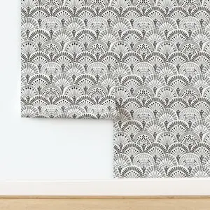 Spoonflower Black And White Geometric Art Nouveau Fan Arches Custom Pre-pasted Wallpaper - Gray
