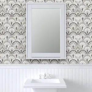 Spoonflower Black And White Geometric Art Nouveau Fan Arches Custom Pre-pasted Wallpaper - Gray
