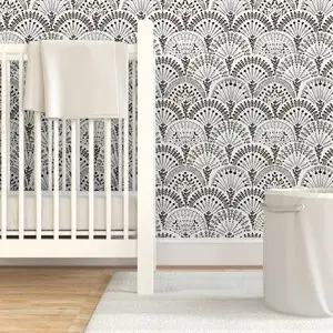 Spoonflower Black And White Geometric Art Nouveau Fan Arches Custom Pre-pasted Wallpaper - Gray