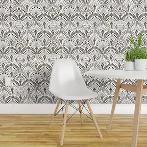 Spoonflower Black And White Geometric Art Nouveau Fan Arches Custom Pre-pasted Wallpaper - Gray