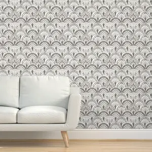Spoonflower Black And White Geometric Art Nouveau Fan Arches Custom Pre-pasted Wallpaper - Gray